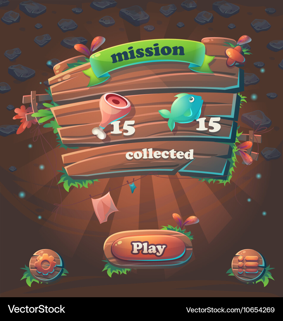 Wooden user interface window mission collected Vector Image