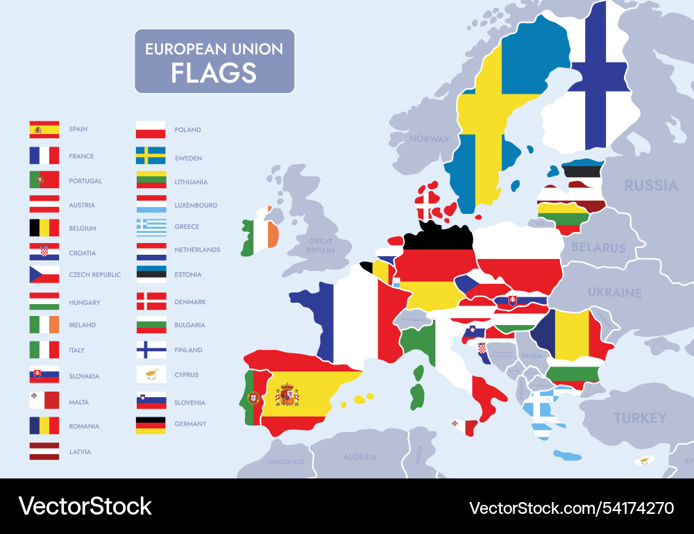 European union countries and flags in flat design Vector Image