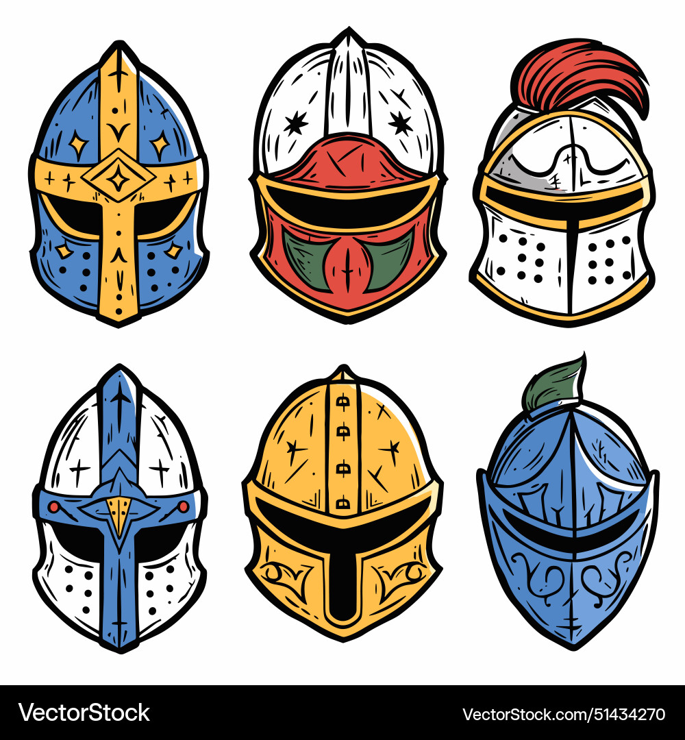 Six medieval knight helmets various Royalty Free Vector