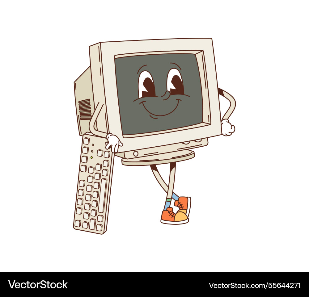 Cartoon groovy computer pc monitor character Vector Image