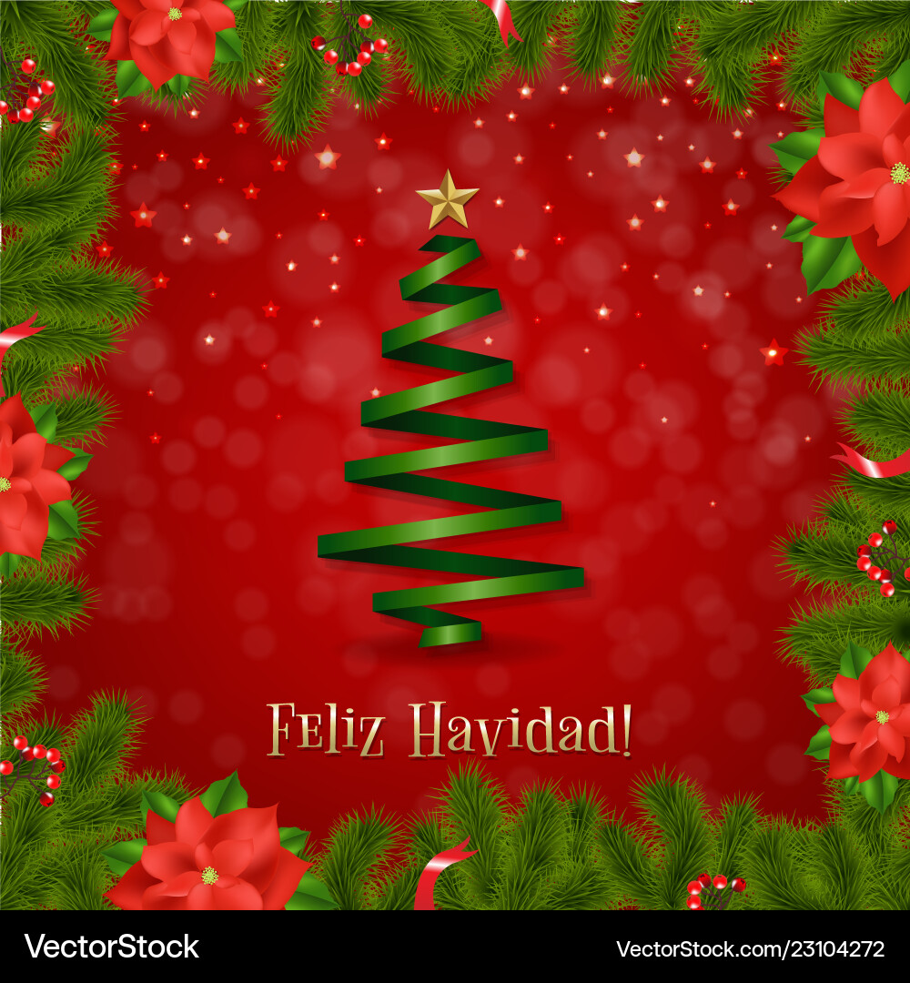 Border fir-tree branches with poinsettia Vector Image