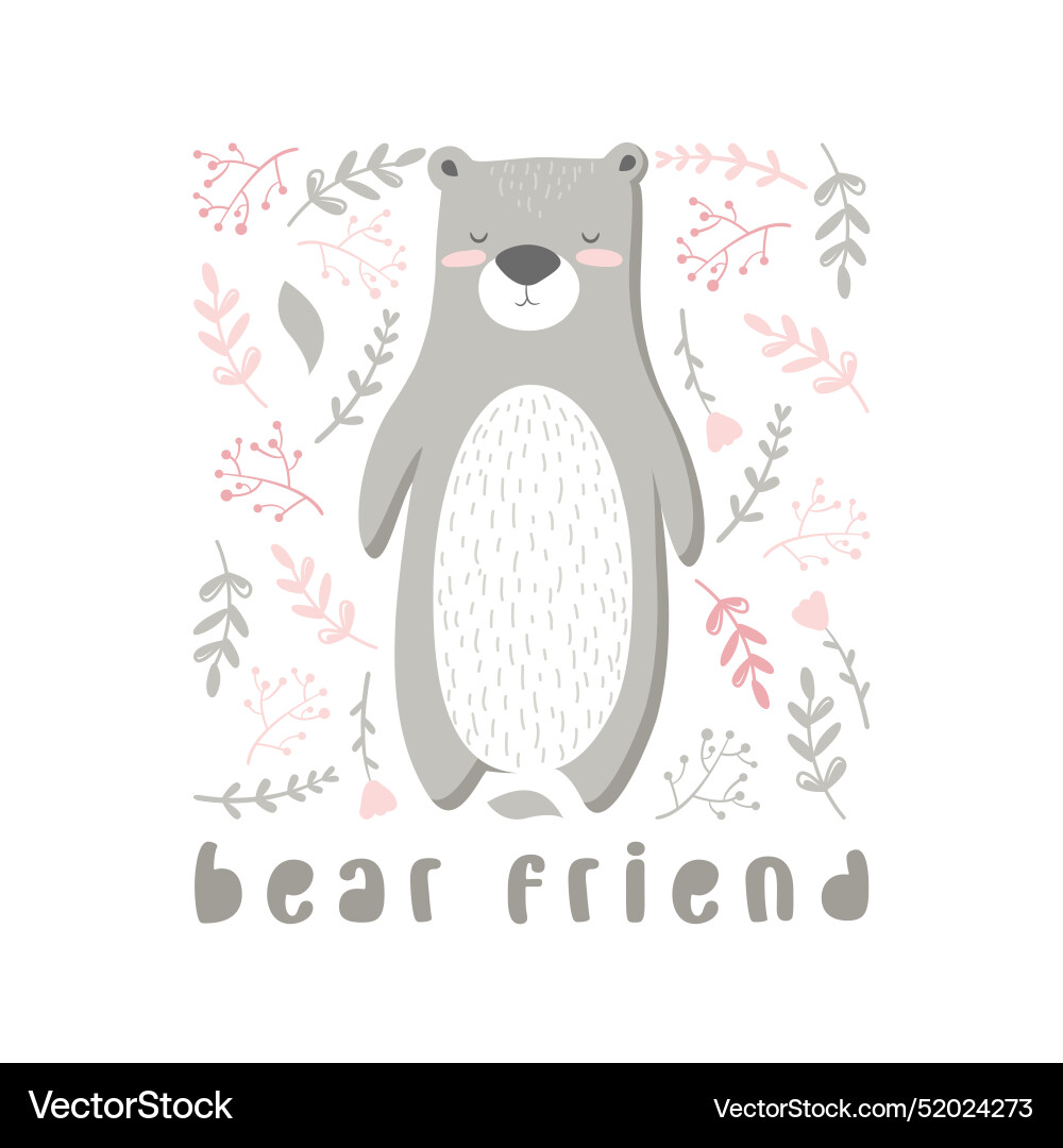 Cute hand drawn bear lettering plants Royalty Free Vector