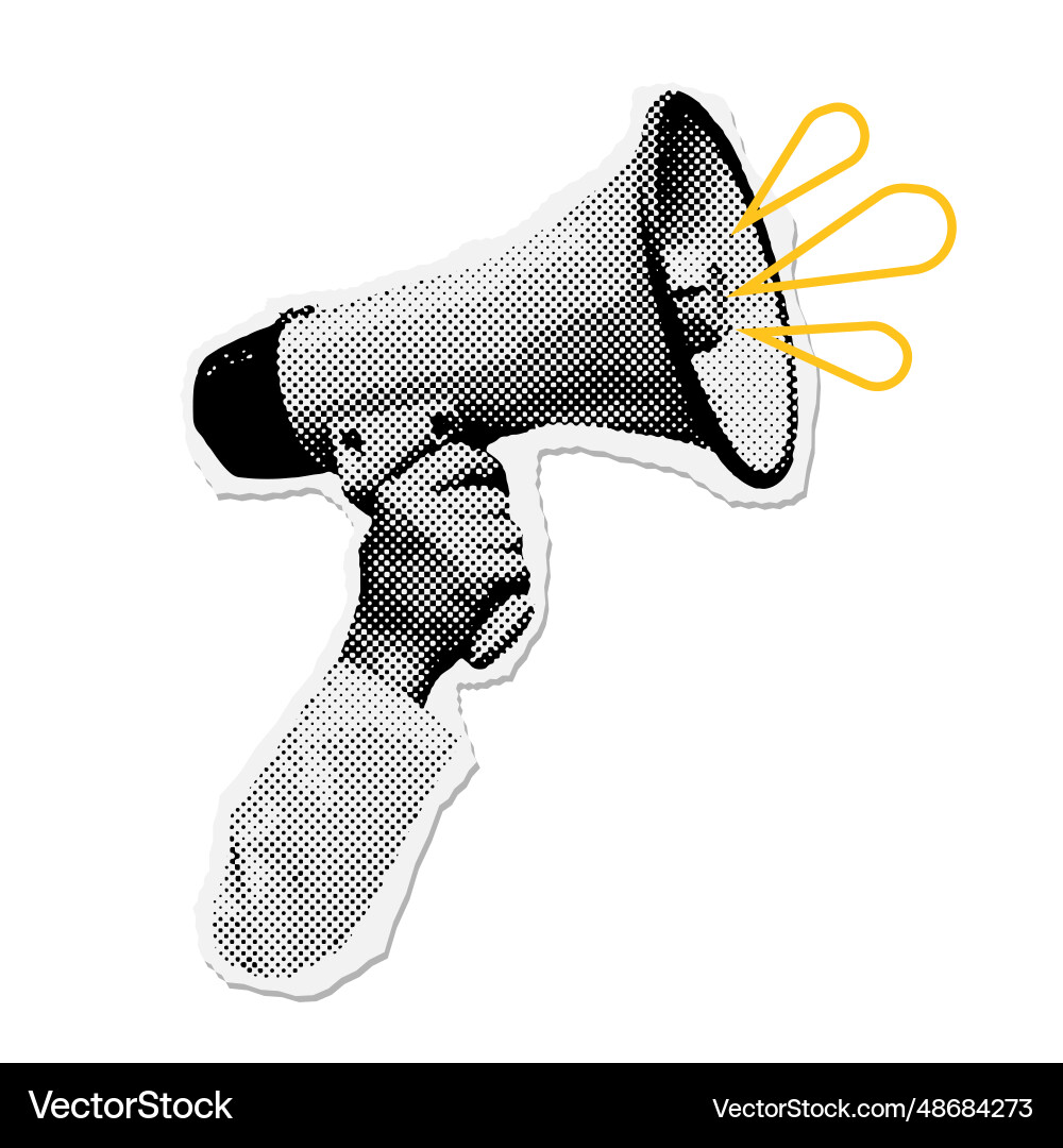 Halftone loudspeaker in hand - vintage collage Vector Image Halftone loudspeaker in hand - vintage collage Vector Image