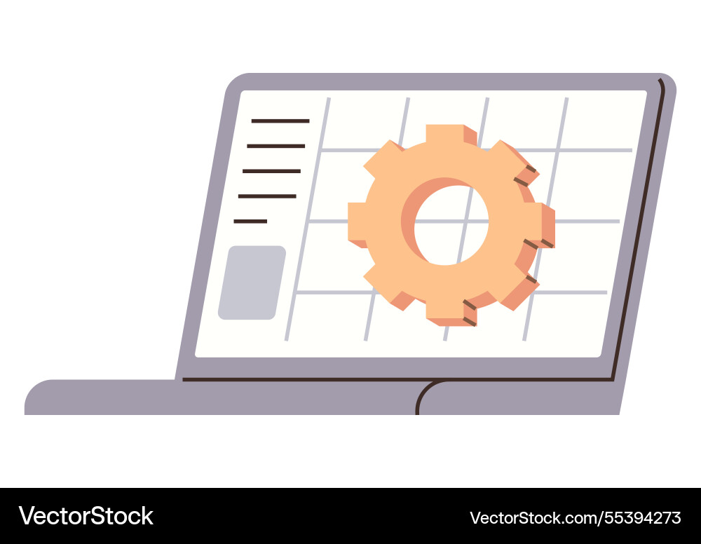 Laptop displaying a gear over spreadsheet Vector Image