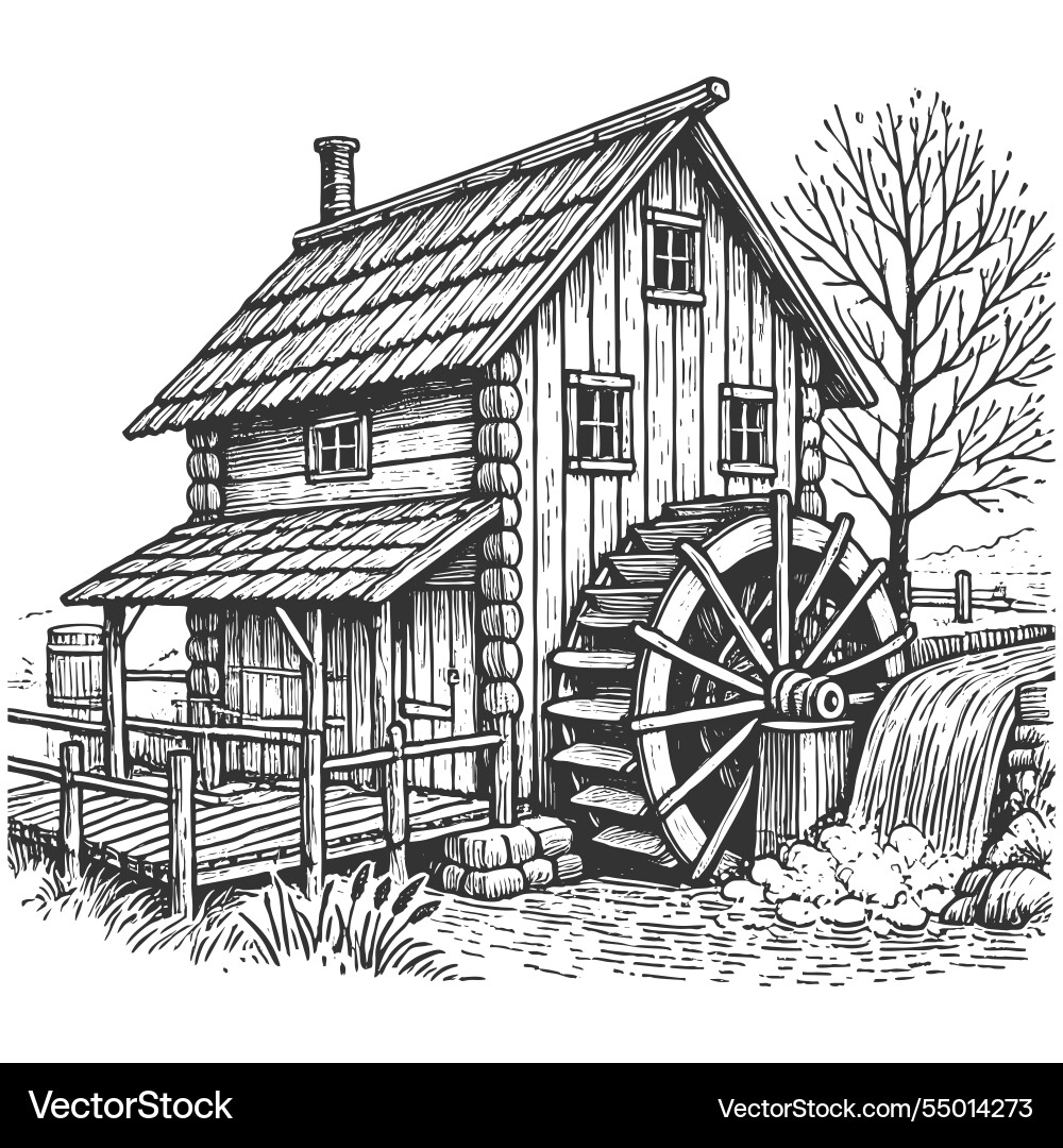 Vintage watermill by a stream Royalty Free Vector Image