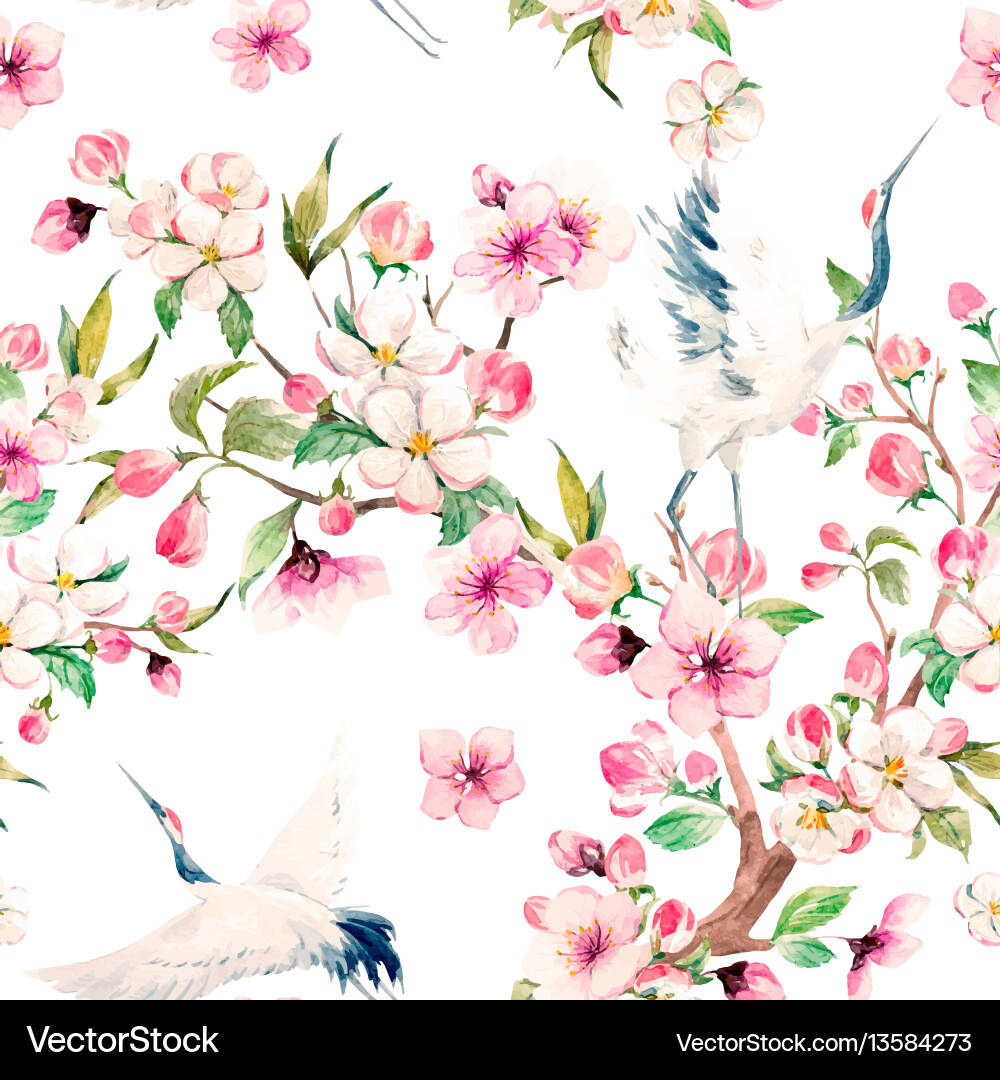 Watercolor crane with flowers pattern Royalty Free Vector