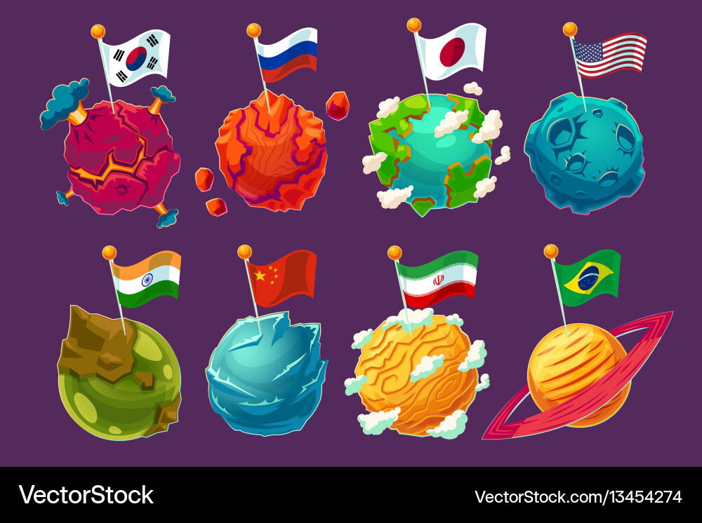 Fantasy Alien Planets with Flags Royalty Free Vector Image