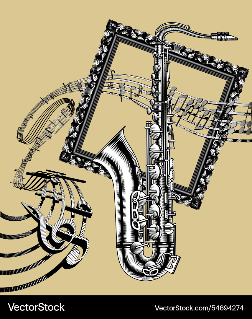 Musical poster with notes and saxophone in a frame