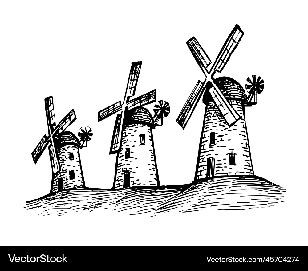Old tower mills ink sketch Royalty Free Vector Image