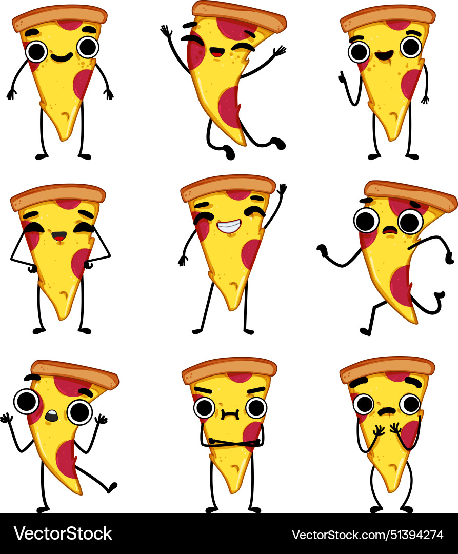 Pizza slice character set cartoon Royalty Free Vector Image