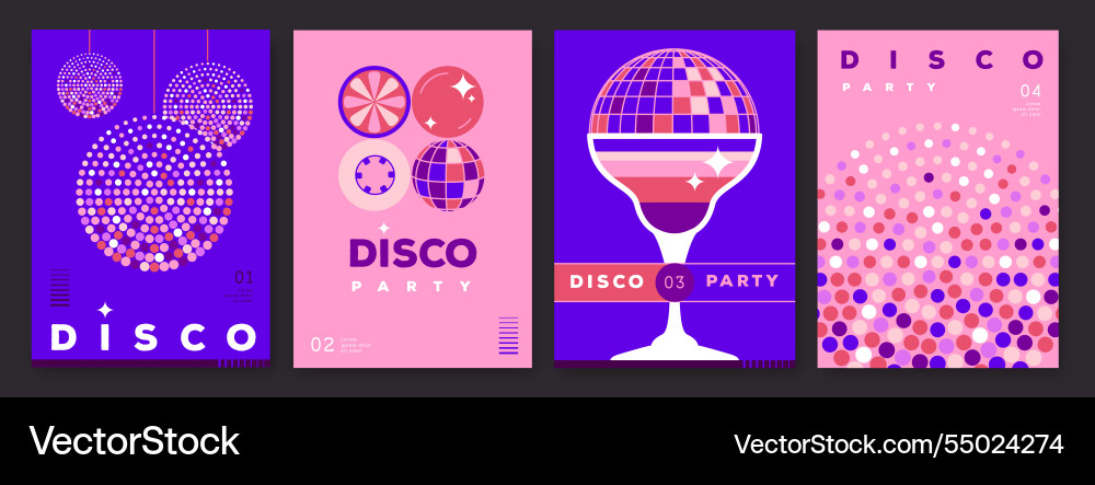 Set of retro disco party posters with ball Vector Image