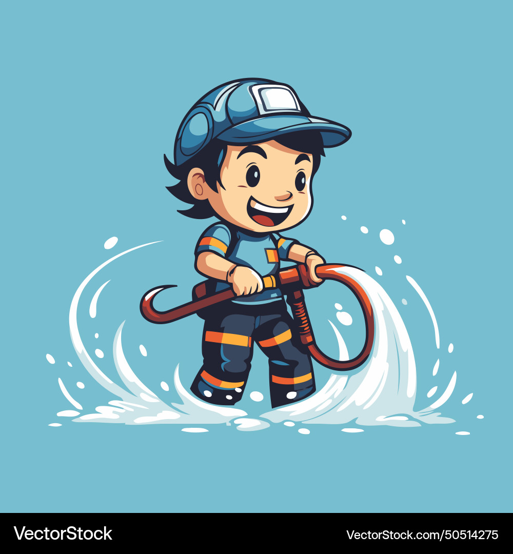 Cartoon boy with fire hose on blue background Vector Image