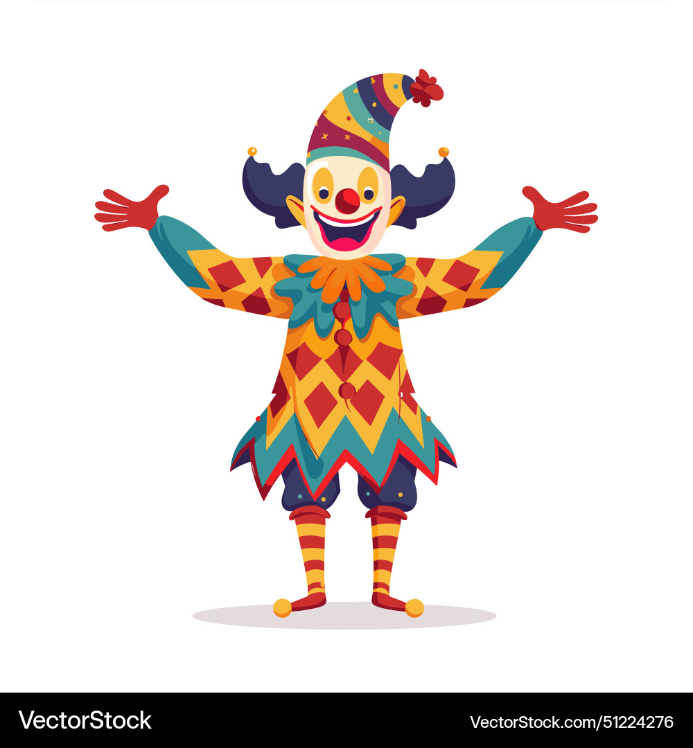 Cheerful cartoon jester joyfully spreading arms Vector Image