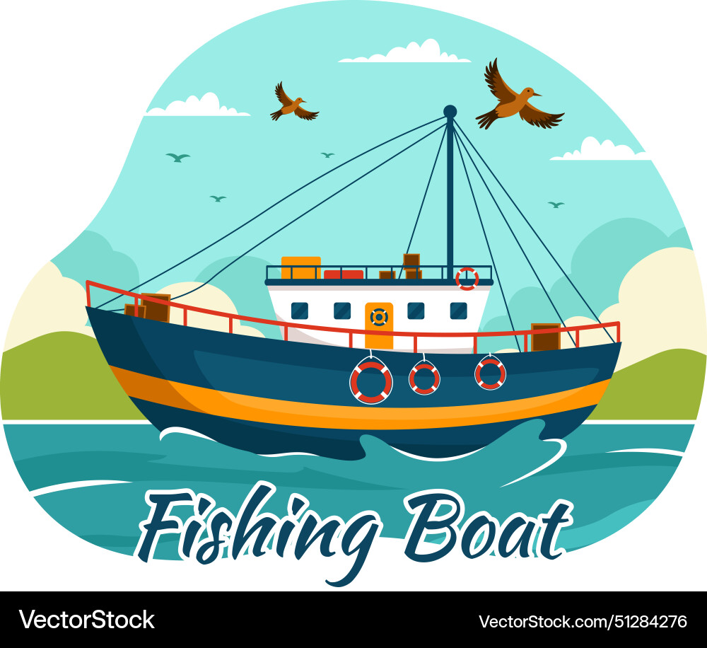 Fishing boat with fishermen hunting fish using Vector Image