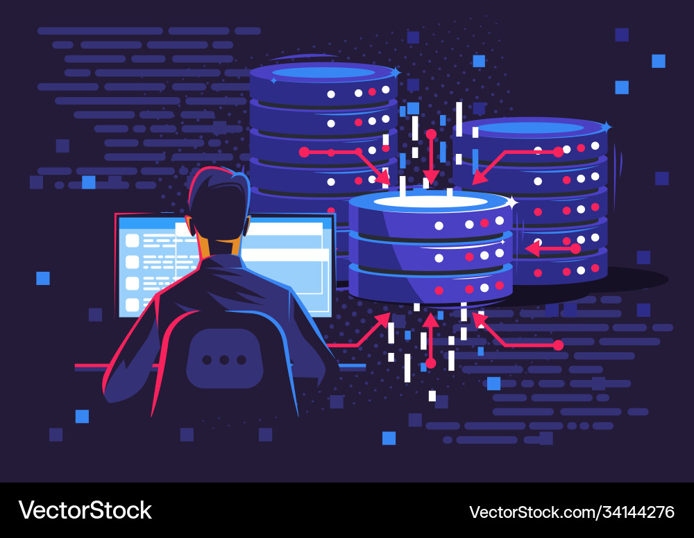 System administrator in a data center room Vector Image