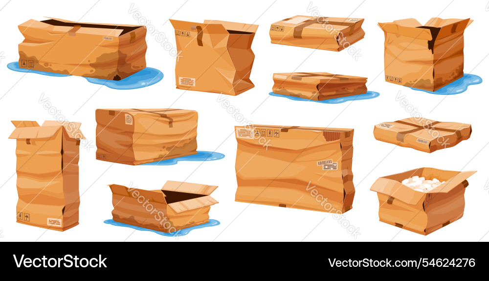 Wet and damaged crumpled boxes ripped cargo parcel