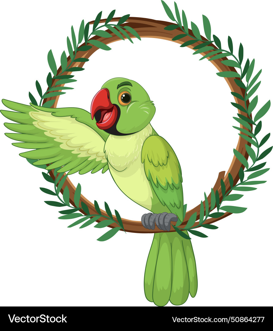 A cheerful green parrot perched within circular Vector Image