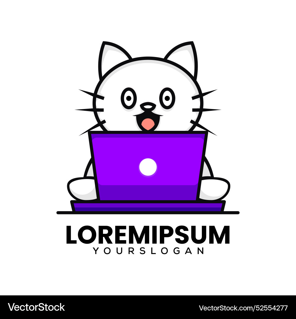 Cute cat logo playing laptop Royalty Free Vector Image