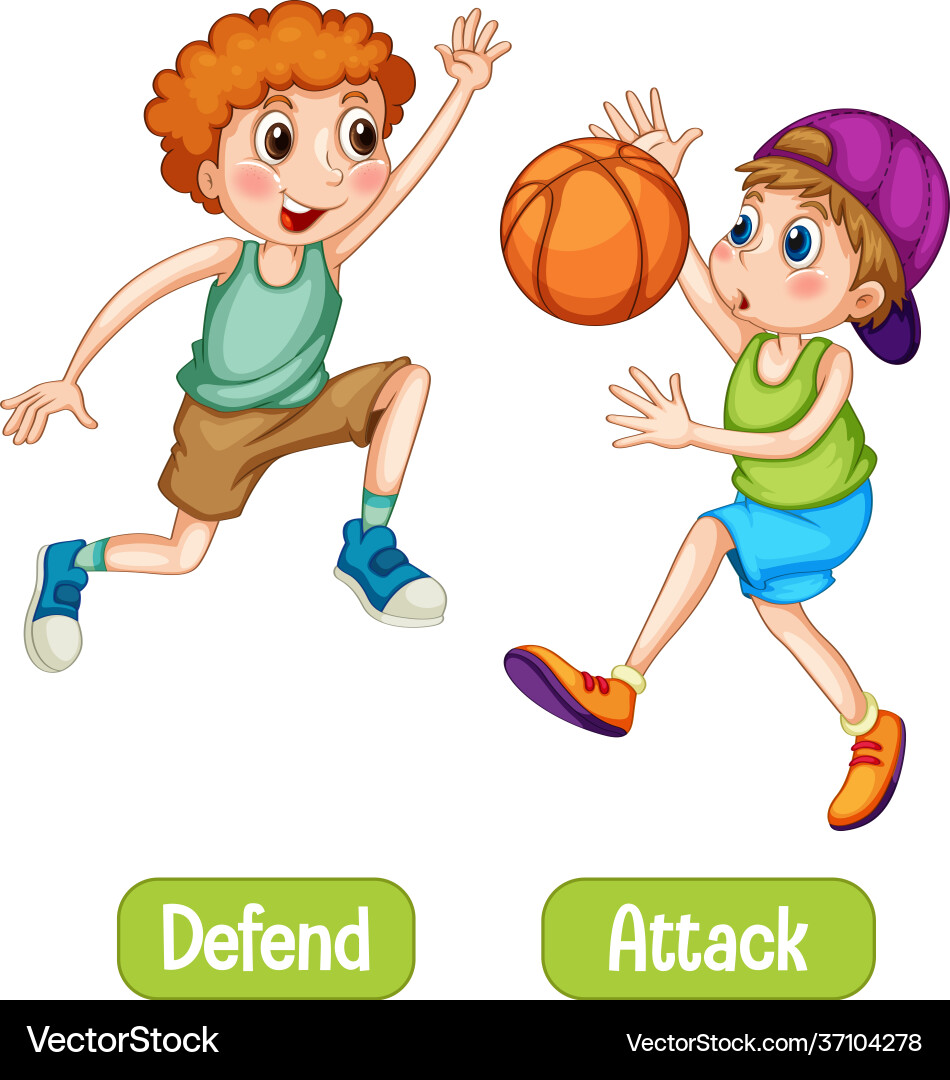 Opposite words with defend and attack Royalty Free Vector