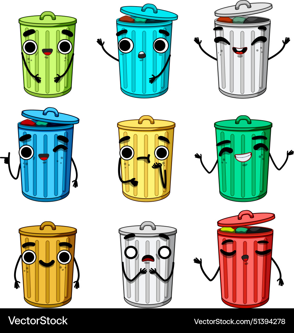 Trash bin character set cartoon Royalty Free Vector Image