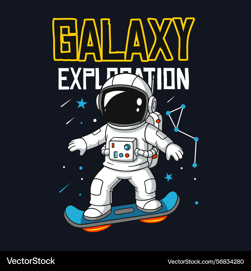 Playful cartoon astronaut on a hoverboard in space