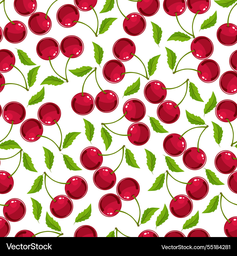 Fresh cherry pattern with green leaves seamless Vector Image