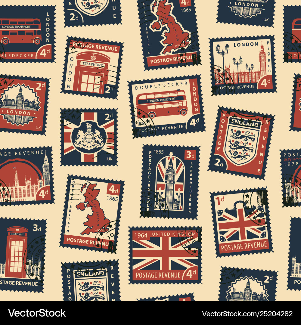 Seamless pattern with postage stamps on uk theme Vector Image