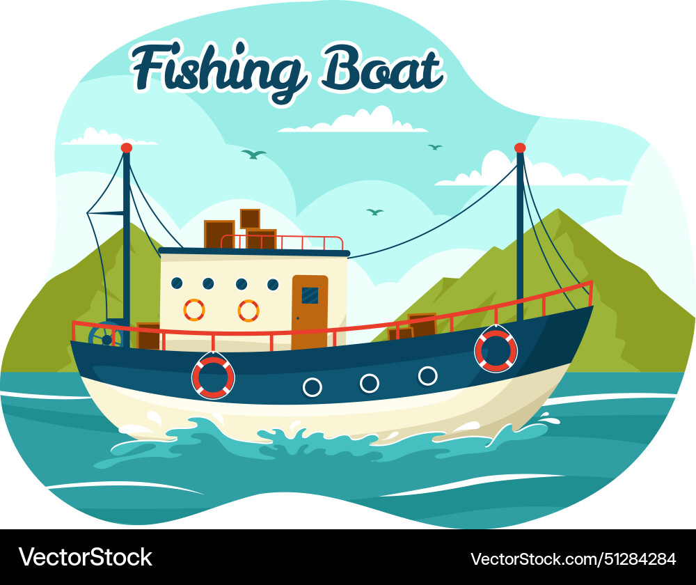 Fishing boat with fishermen hunting fish using Vector Image