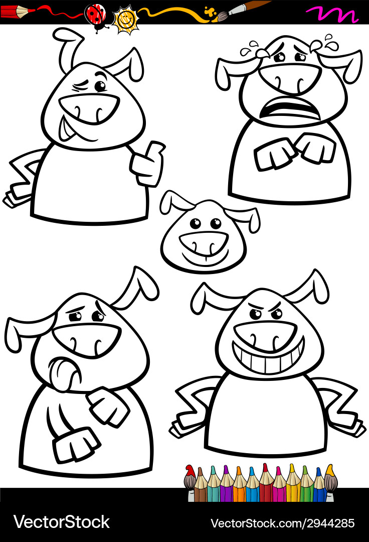 Dog emotion set cartoon coloring page Royalty Free Vector
