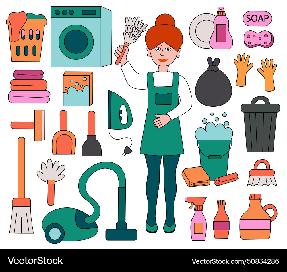 Cleaning service set elements housemaid Royalty Free Vector