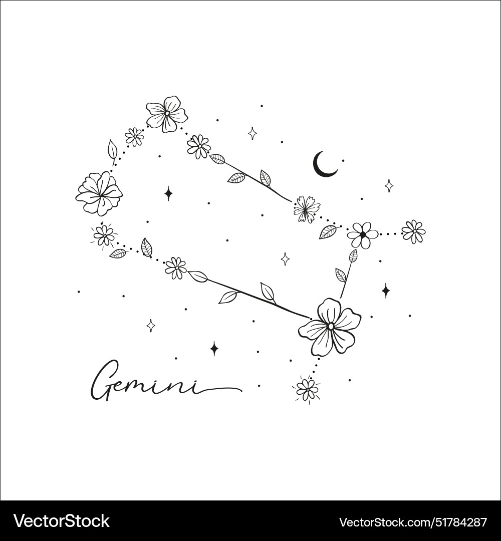 Gemini constellation with hand drawn doodle flower