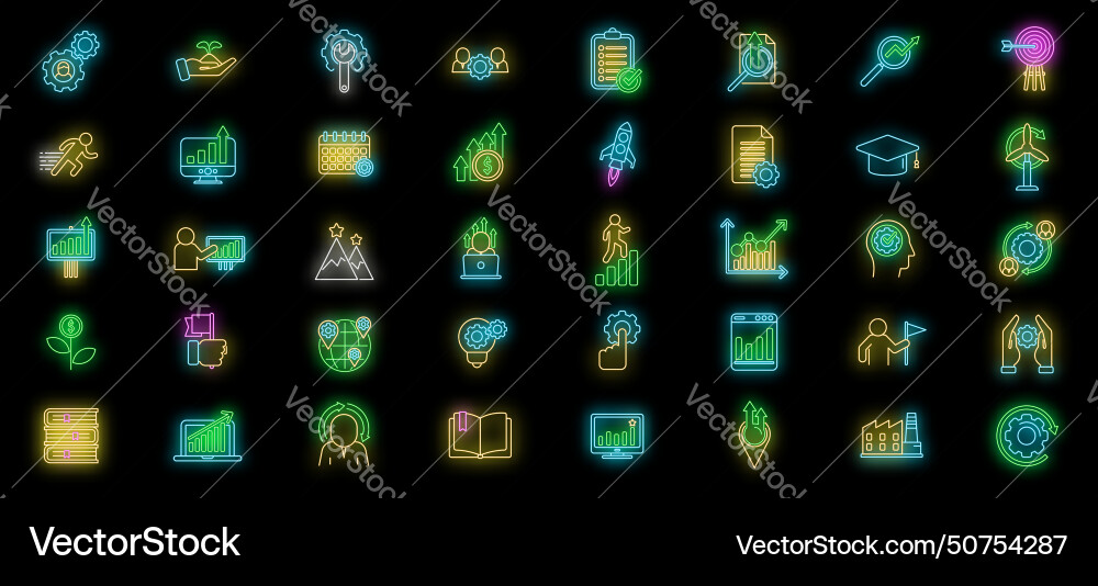 Sustainable development icons set neon Royalty Free Vector
