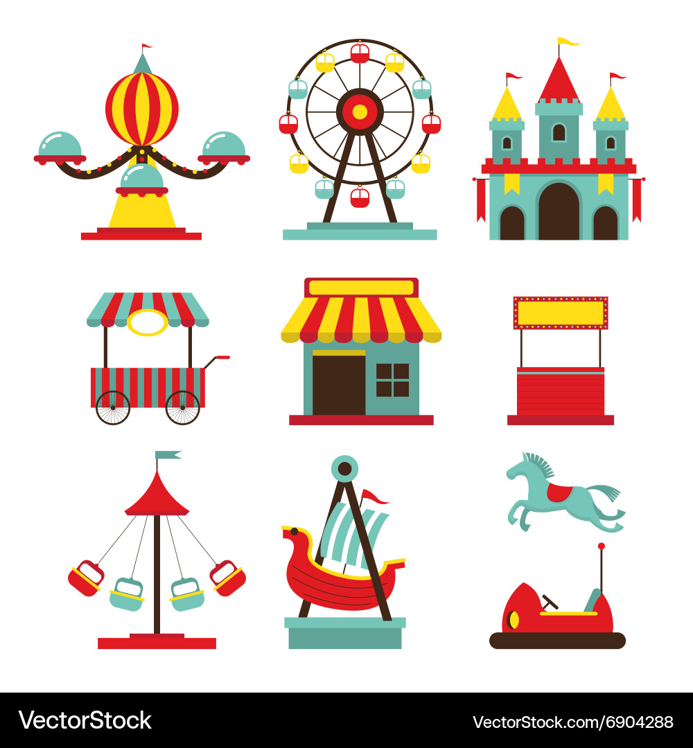 Amusement park objects flat icons set Royalty Free Vector
