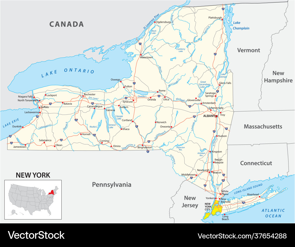 Road map us american state new york Royalty Free Vector