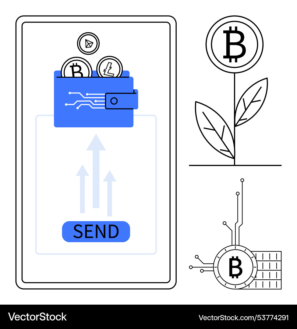Sending cryptocurrency through mobile wallet Vector Image