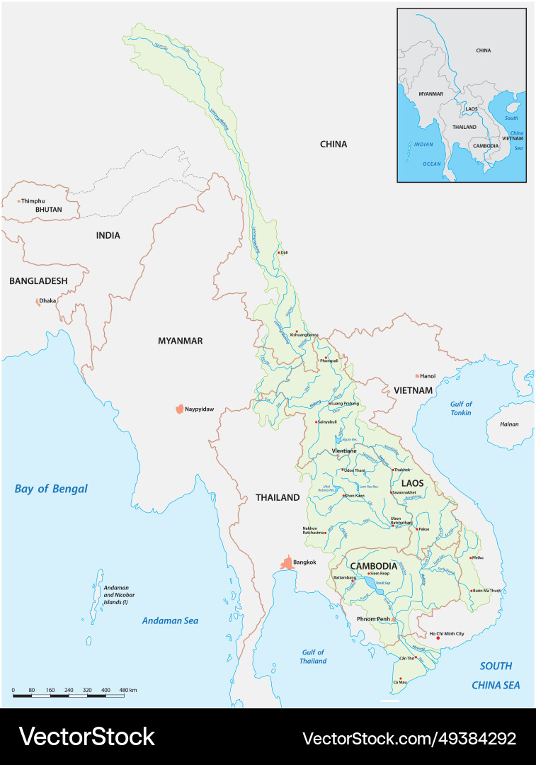 Detailed map of mekong river Royalty Free Vector Image