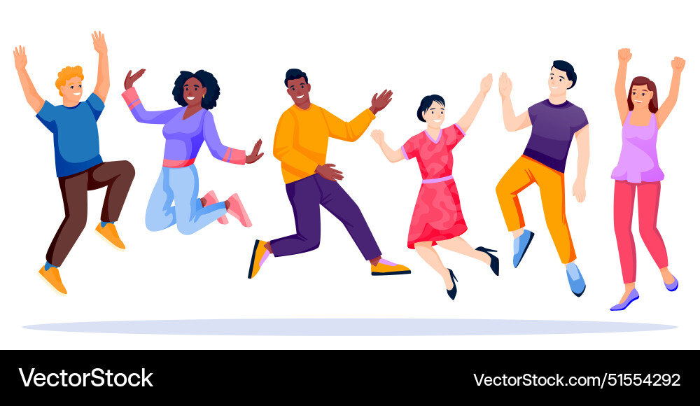 Jumping and dancing multiethnic happy people team Vector Image