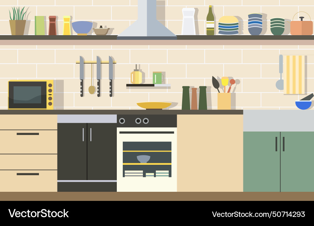 Flat design of kitchen in restaurant Royalty Free Vector