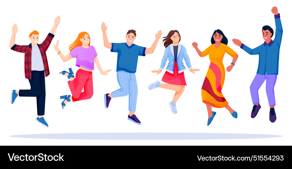 Jumping and dancing multiethnic happy people team Vector Image