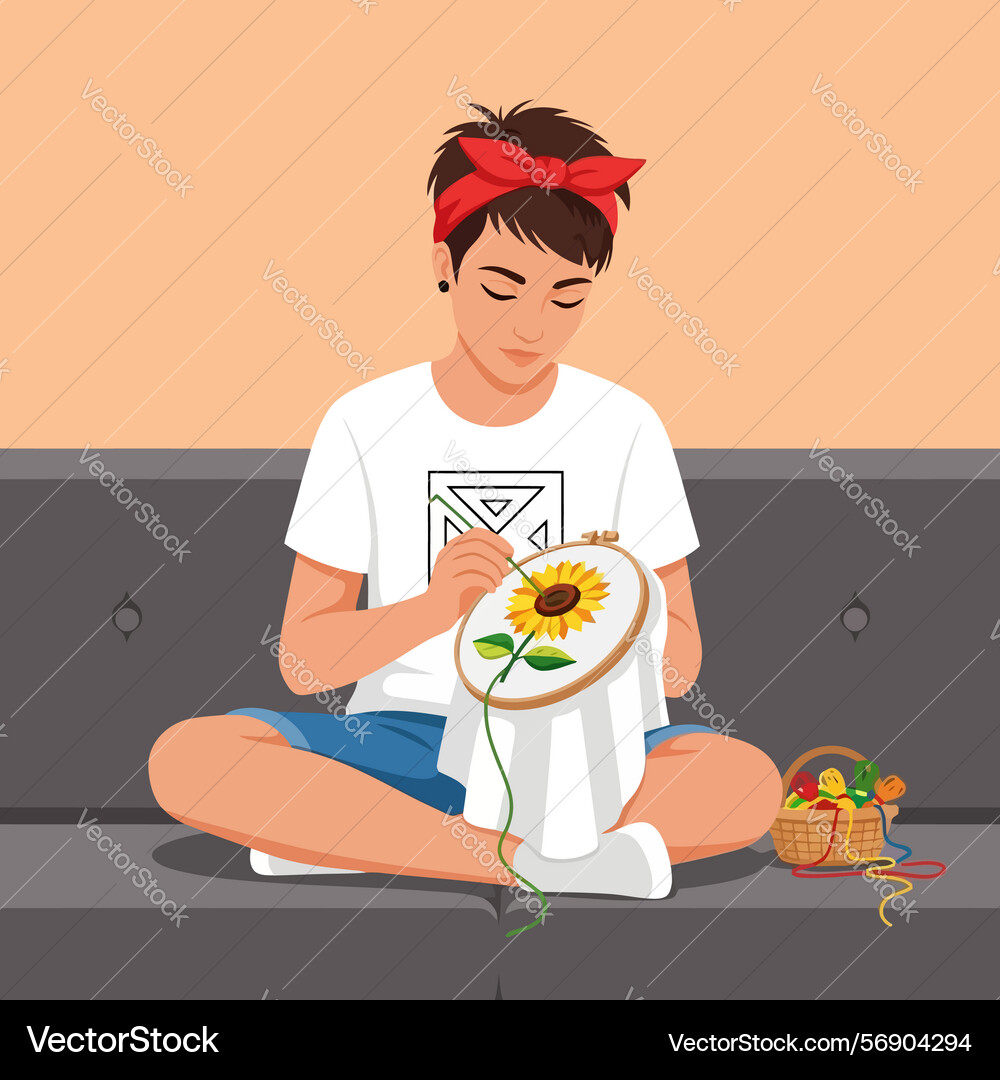 Person embroidering sunflower design on fabric Vector Image
