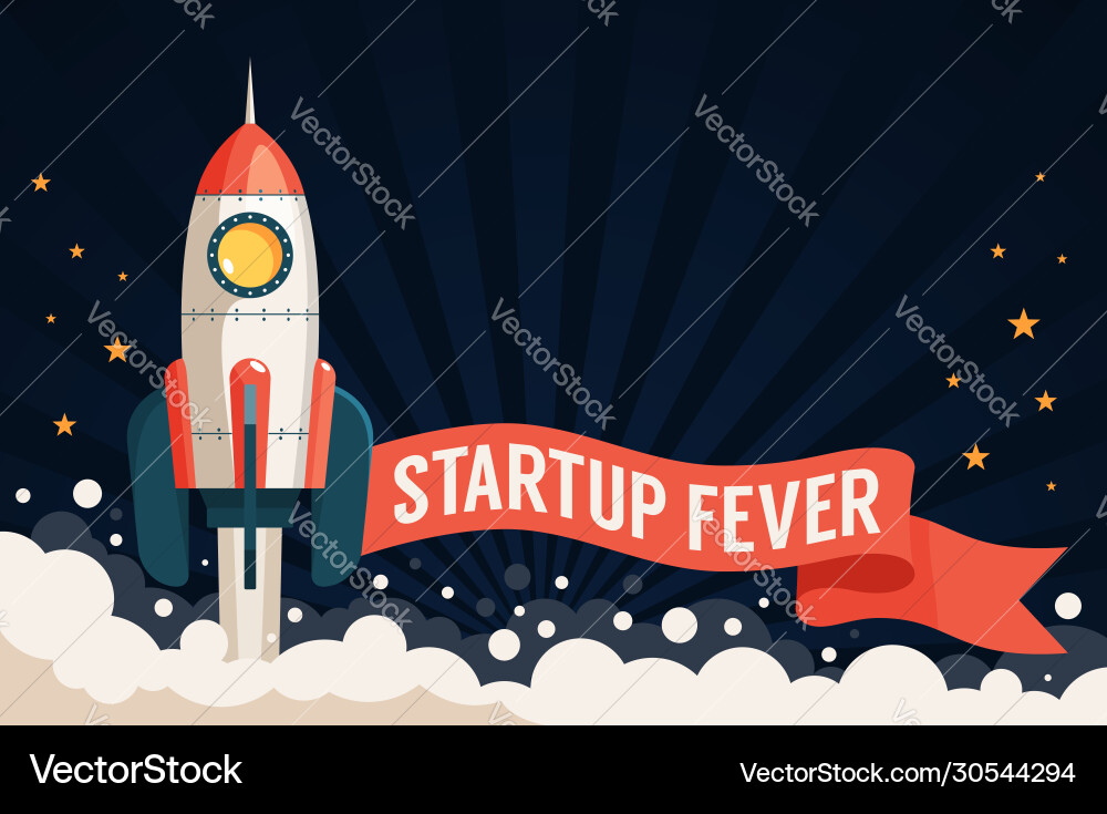 Starting rocket and ribbon with an inscription Vector Image