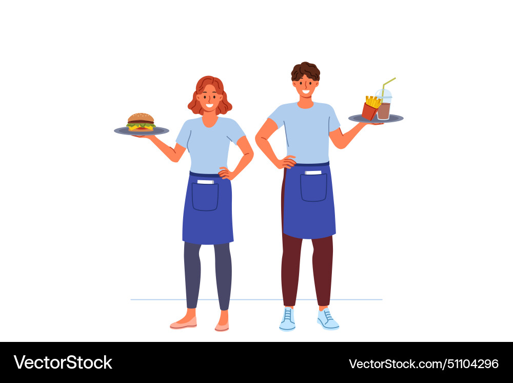 Happy waiters from fast food restaurant work Vector Image
