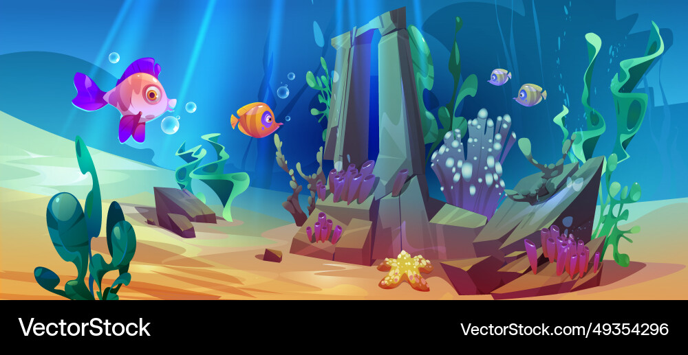 Ocean underwater boulder with fish background Vector Image
