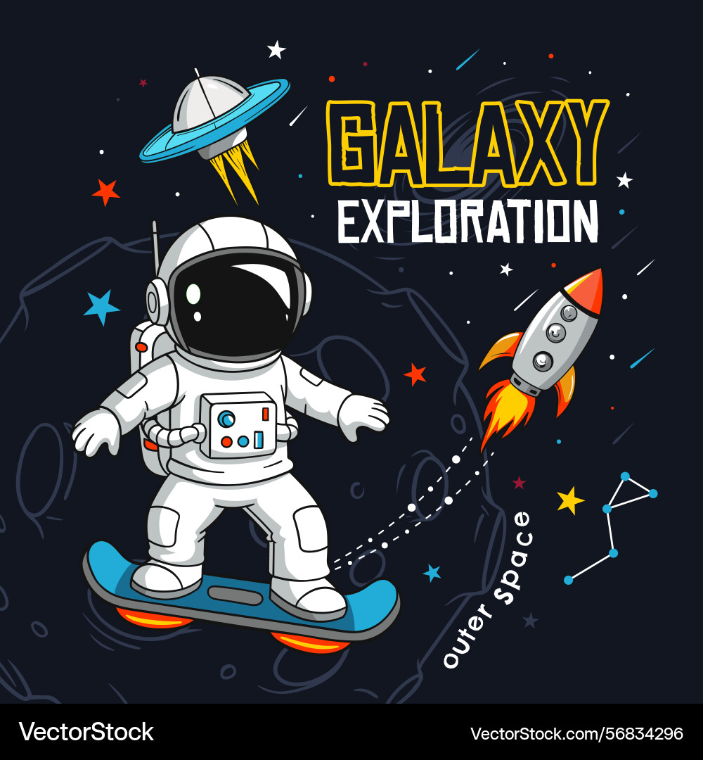 Playful cartoon astronaut on a hoverboard in space