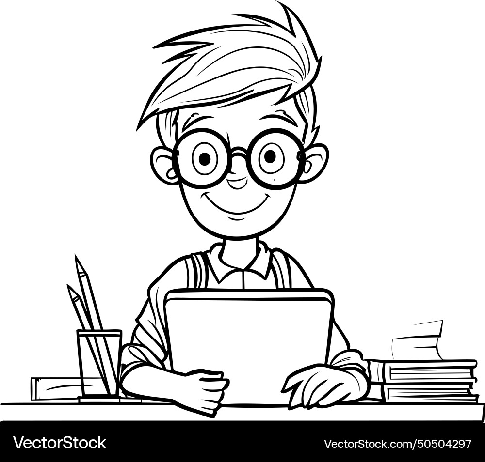 Boy with glasses working at the computer black Vector Image