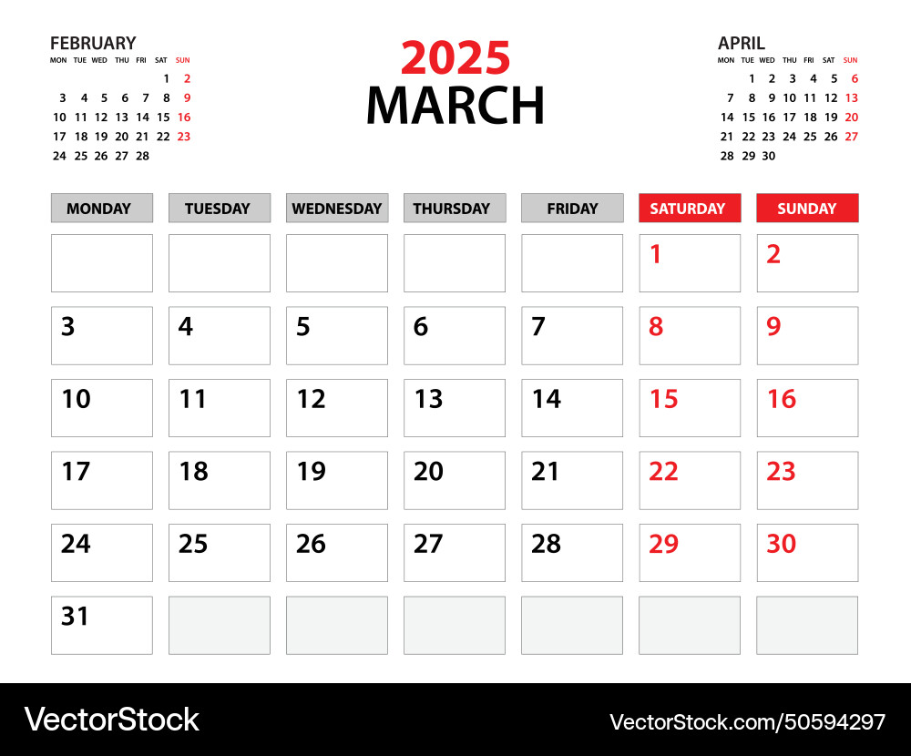 Calendar 2025 template march year Royalty Free Vector Image