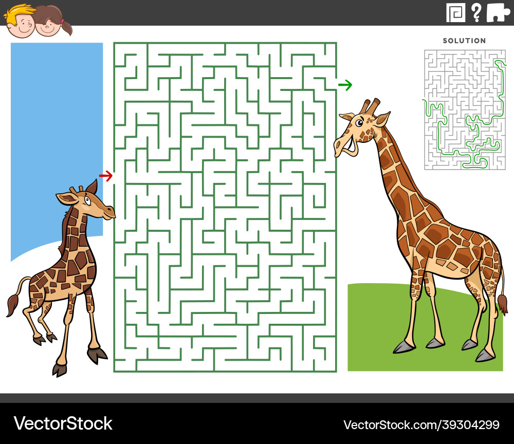 Maze game with cartoon baby giraffe mom Royalty Free Vector