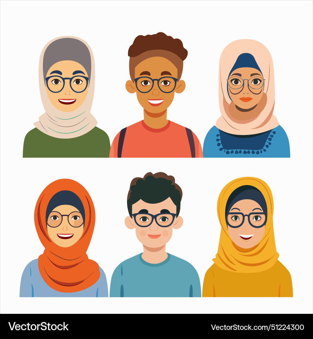 Diverse group six cartoon characters smiling Vector Image