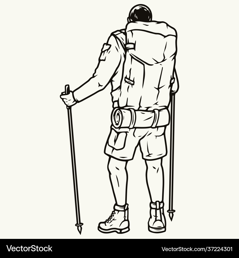 Hiker with trekking poles and backpack Royalty Free Vector