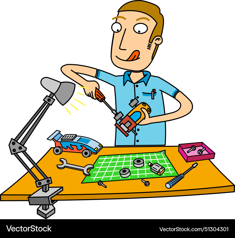 Man fixing car toy enthusiastly Royalty Free Vector Image